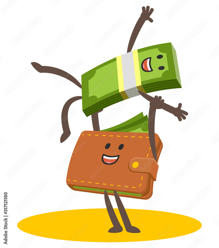 Let's dance! Money character and wallet character dancing a comic dance ...