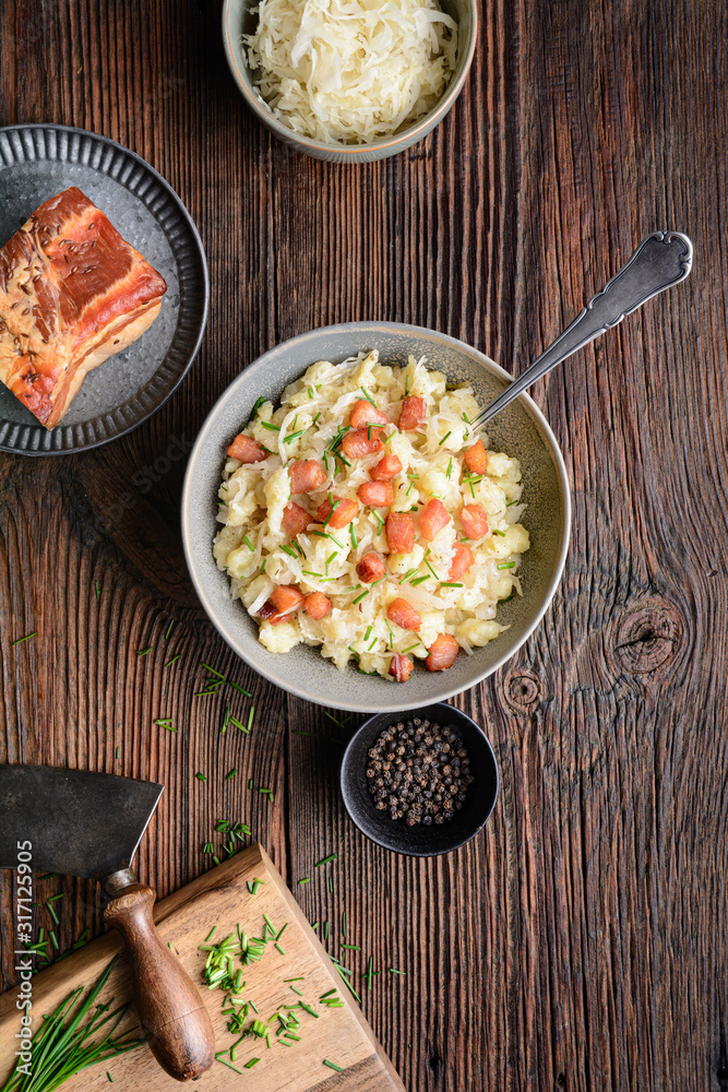 Kapustove halusky known as Strapacky, classic dish in Slovakia, boiled ...