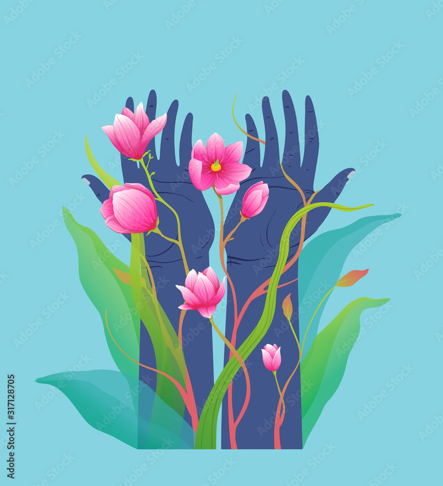 Nature protection beauty and purity raised human hands with pink ...