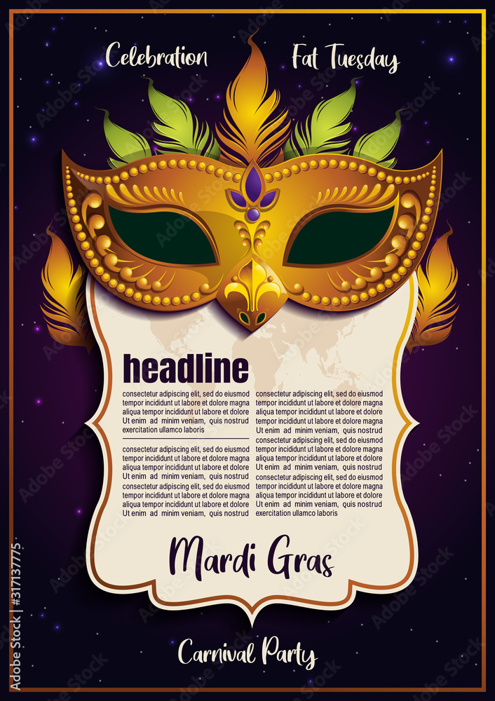 Mardi Gras Template, Golden mask with feathers, gretting card banner ...