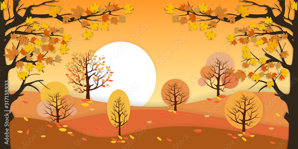 Paper art of Panoramic Countryside in autumn with leaves falling from ...