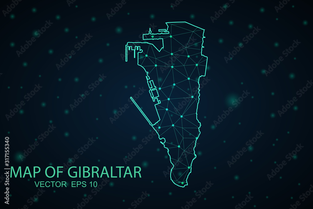 Vetor de Map of gibraltar. Wire frame 3D mesh polygonal network line ...