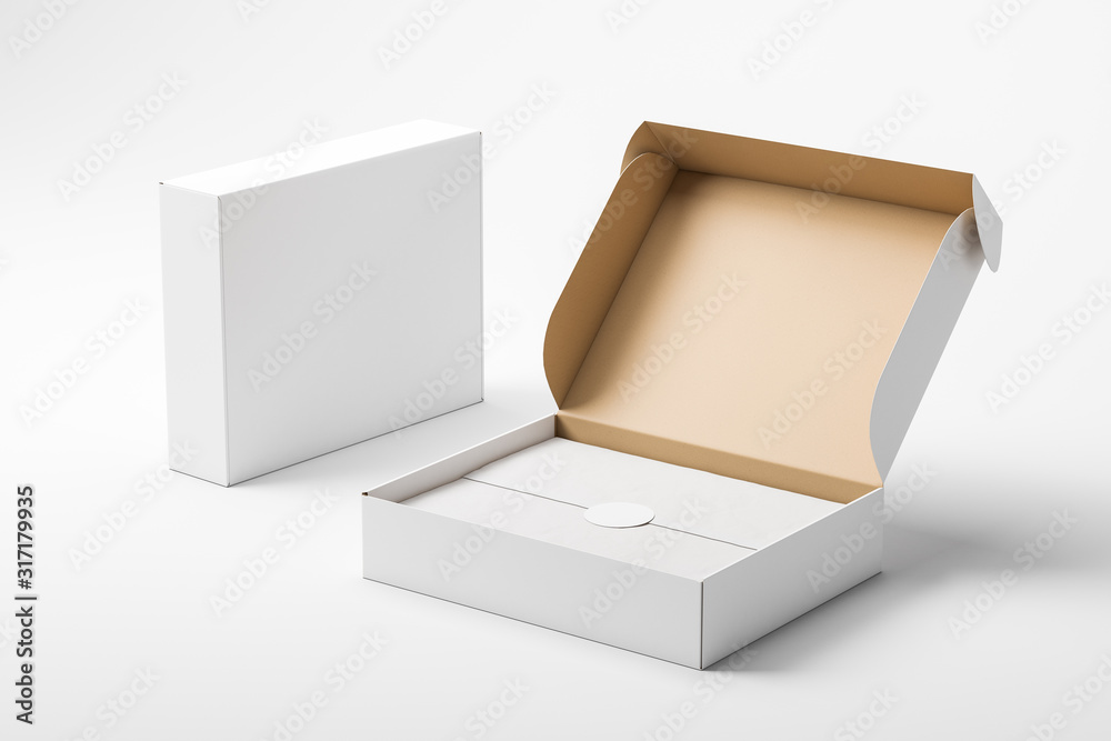 Open and closed white realistic cardboard box with paper and a sticker ...