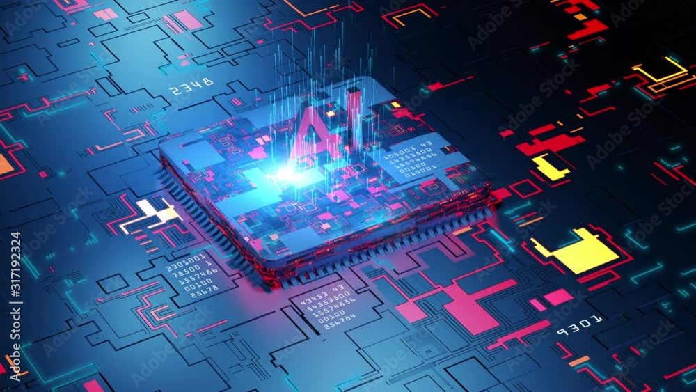Digital 3d render of computer chip over circuit background with AI sign ...