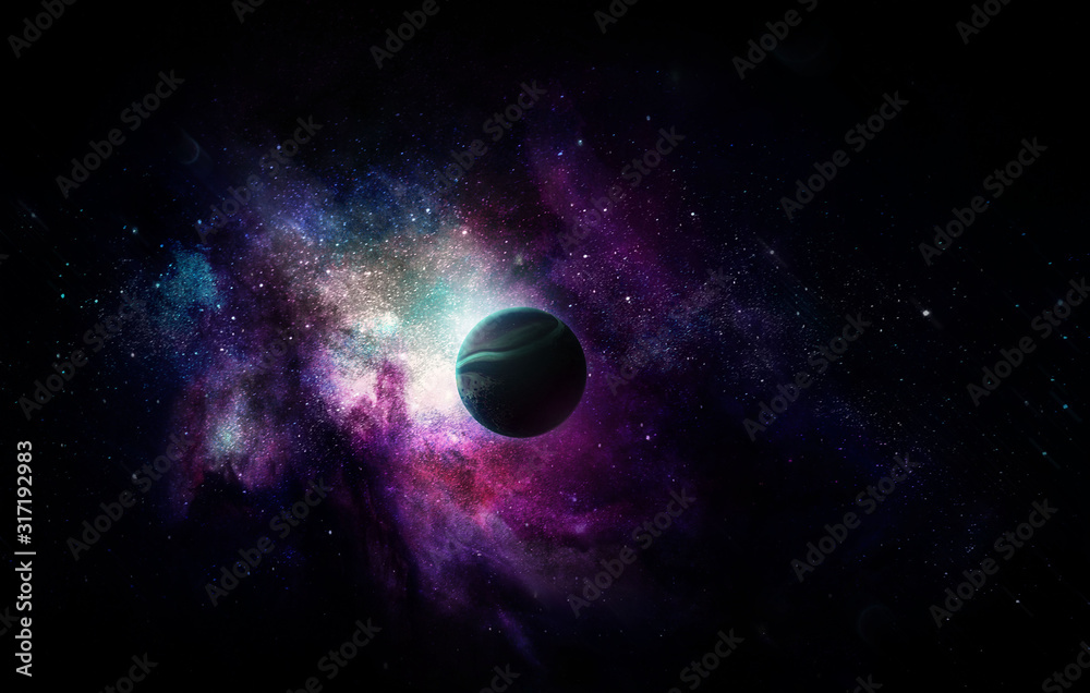 abstract space illustration, a small planet in the shining of stars in ...