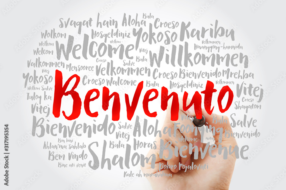 Benvenuto (Welcome in Italian) word cloud with marker in different ...