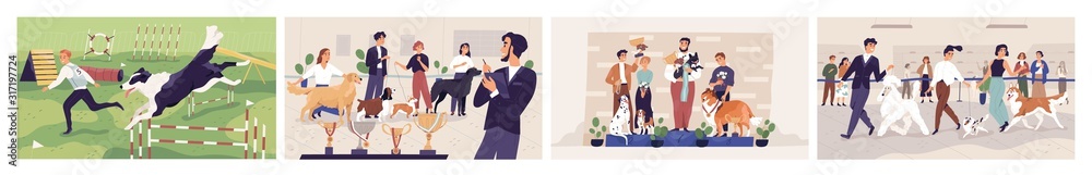 Cartoon dogs show colored vector graphic illustration. People character ...