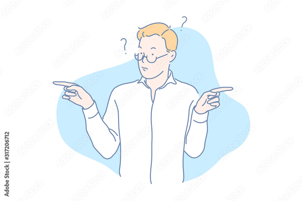 Confused guy showing fingers in different directions concept. Puzzled ...