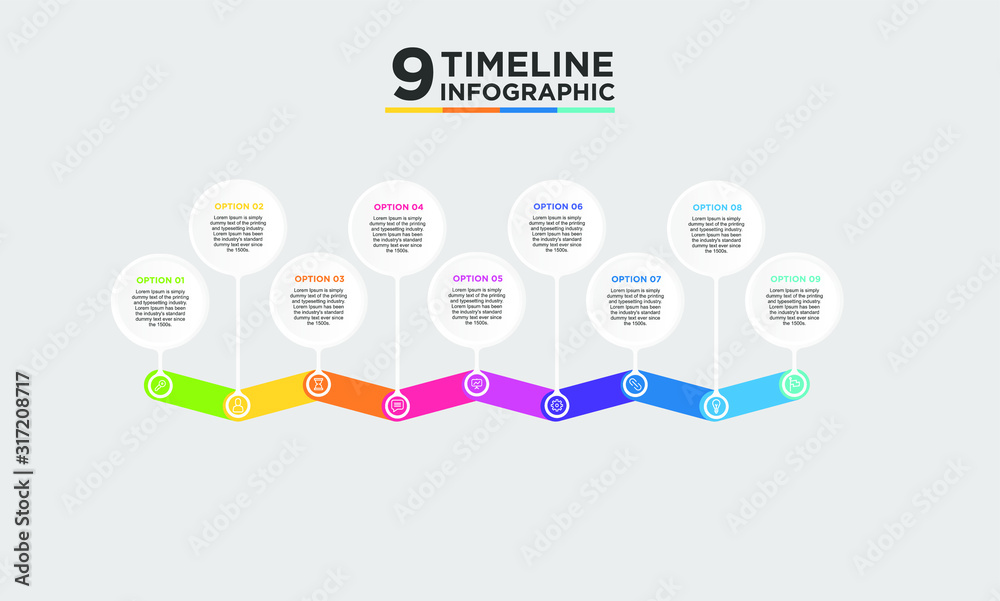 9 step timeline infographic element. Business concept with nine options ...