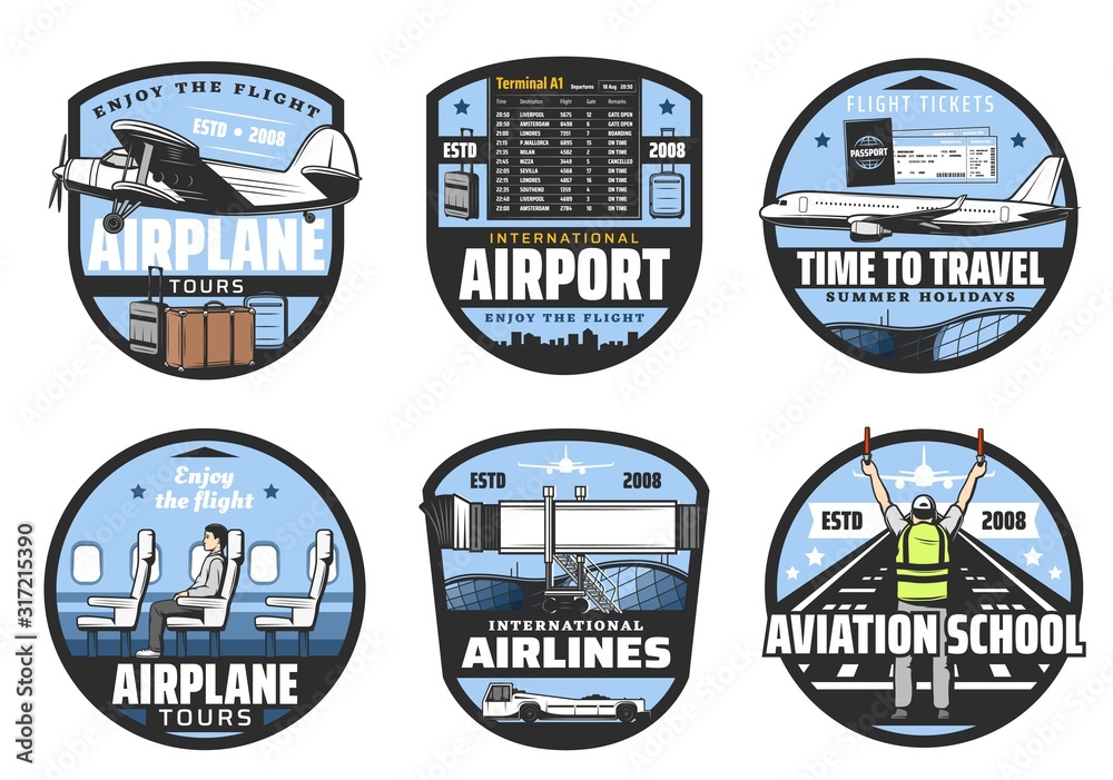Vector flight tickets, travel, airlines and aviation school icons ...