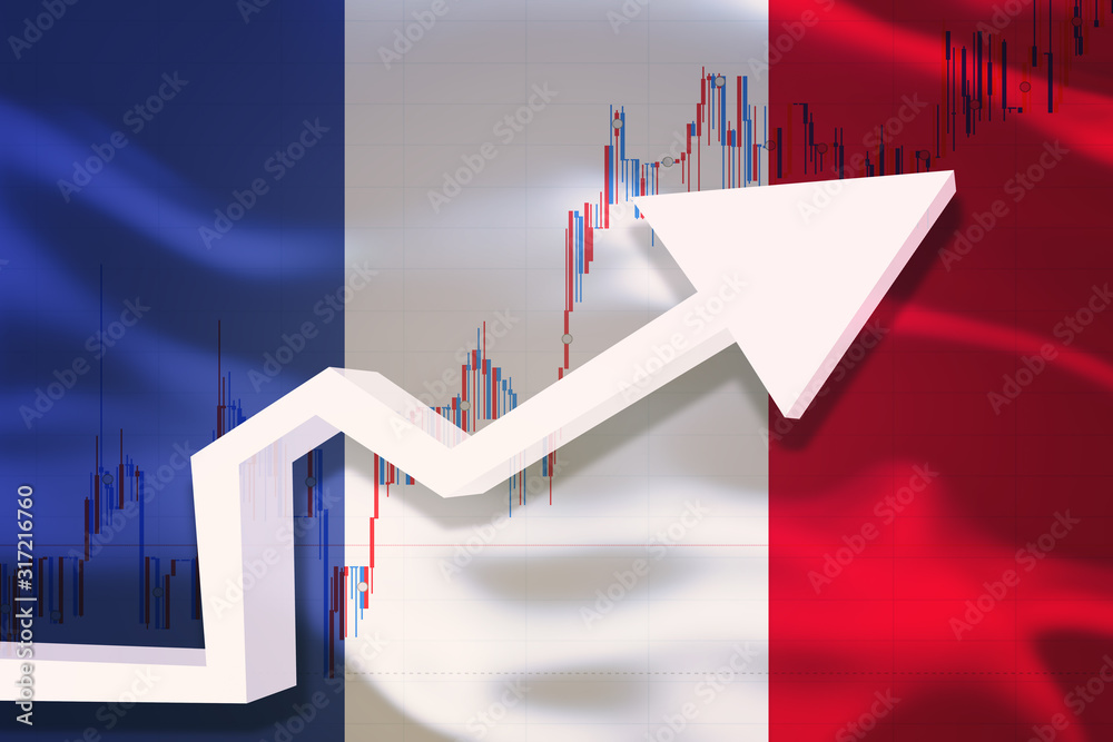 France growth chart. White 3D arrow and stocks chart grows up on the ...
