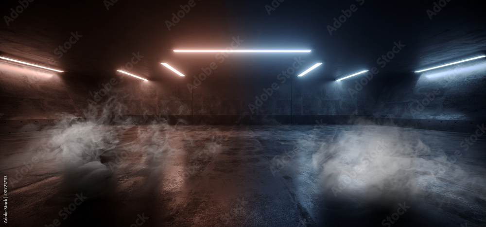 Dark neon Laser Smoke Fog Orange Blue Glowing Fluorescent Garage ...