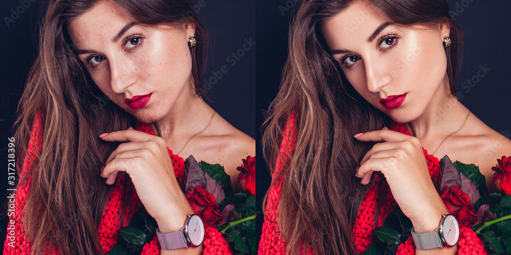 Before and after skin retouching in editor. Side by side beauty ...