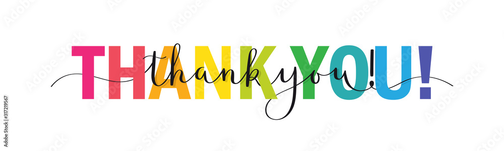 Rainbow-colored mixed typography THANK YOU! banner with brush ...