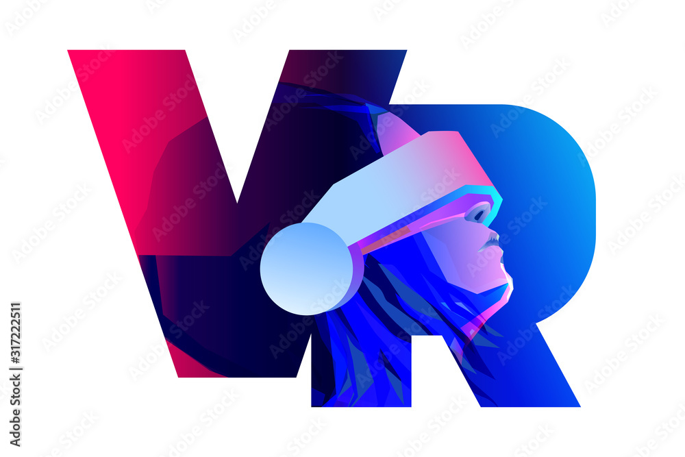 VR letter logo design. Woman wearing virtual or augmented reality ...