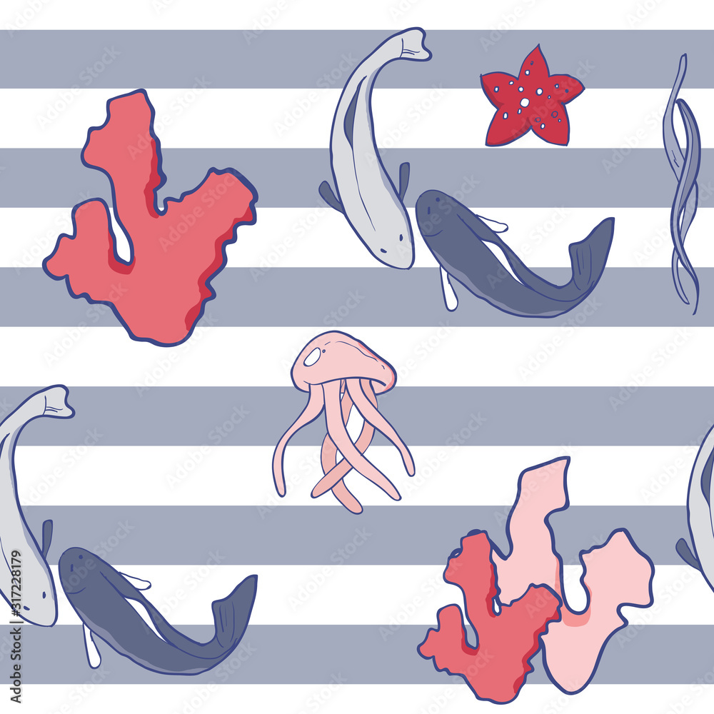 Vector illustration of the sea animals and others. Beautiful sea colors ...