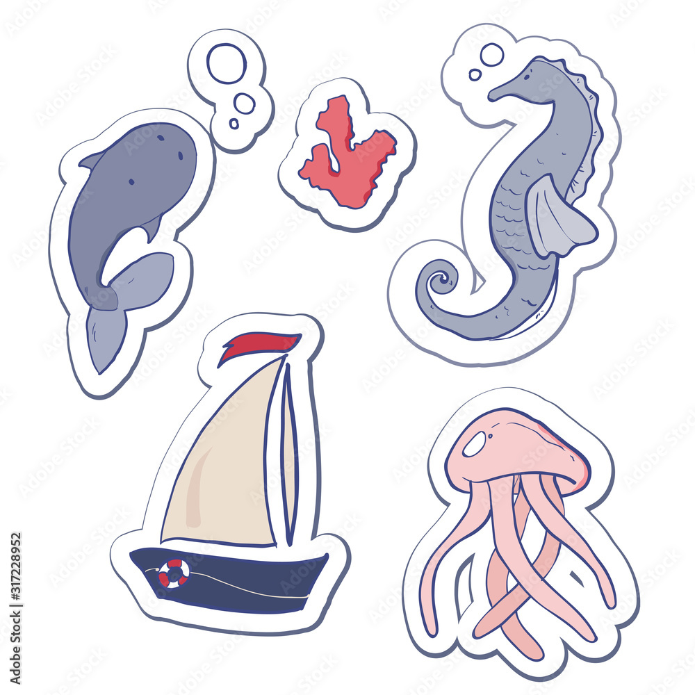 Vector illustration of the sea animals and others. Beautiful sea colors ...