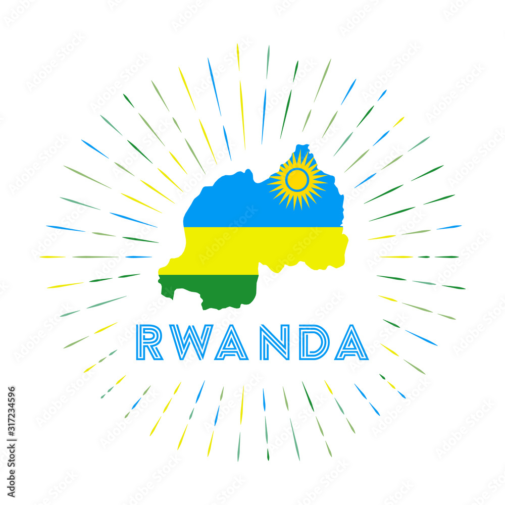Rwanda sunburst badge. The country sign with map of Rwanda with Rwandan ...