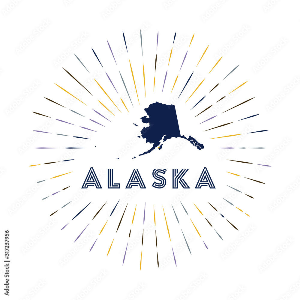 Alaska sunburst badge. The us state sign with map of Alaska with state ...