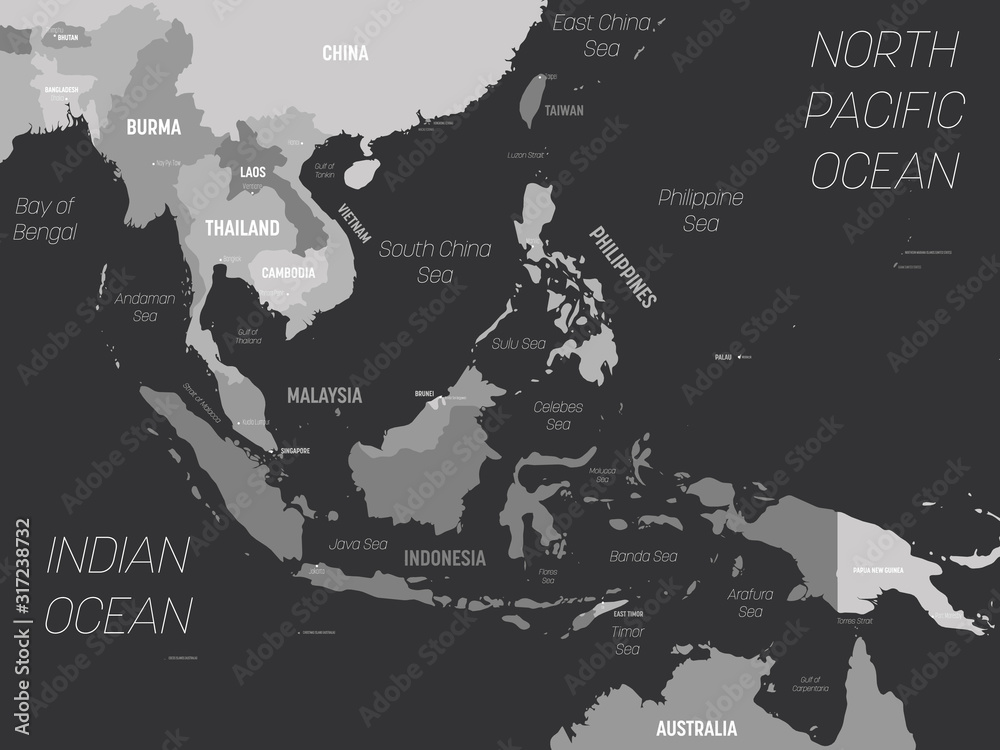 Southeast Asia map - grey colored on dark background. High detailed ...