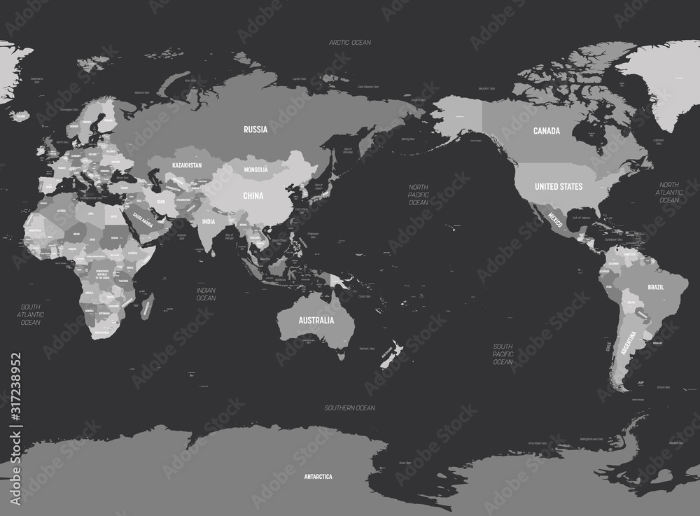 World map - Asia, Australia and Pacific Ocean centered. Grey colored on ...