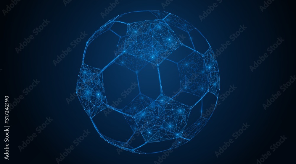 Abstract polygonal soccer ball. A low-poly grid of lines and dots forms ...