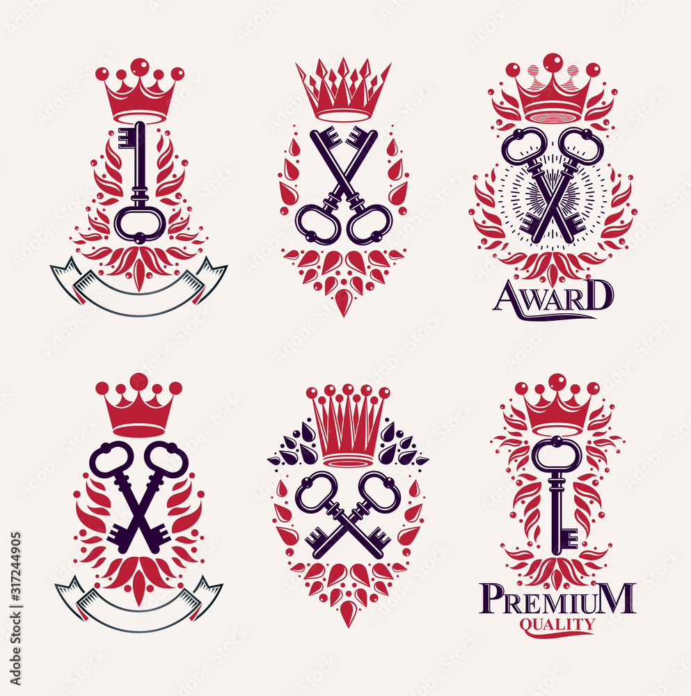 Vintage keys vector logos or emblems, heraldic design elements big set ...