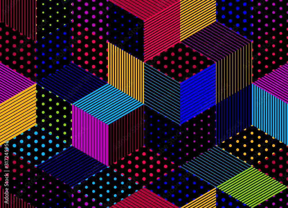 Dotted seamless isometric geometric pattern, dots and lines 3D cubes vector tiling background ...