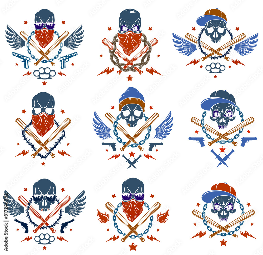 Gangster emblem logo or tattoo with aggressive skull baseball bats and ...