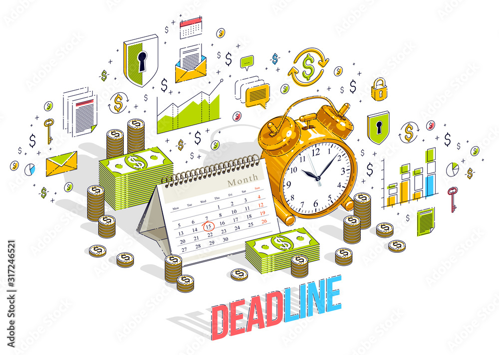 Deadline concept, table Alarm Clock and Calendar with cash money stacks ...