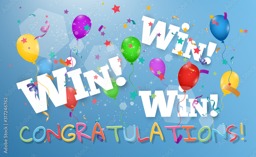 Winner background with light effects, confetti, and beautiful balloons ...