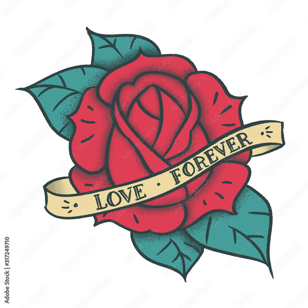 Hand drawn red rose with leaves and text “Love forever” on a ribbon ...
