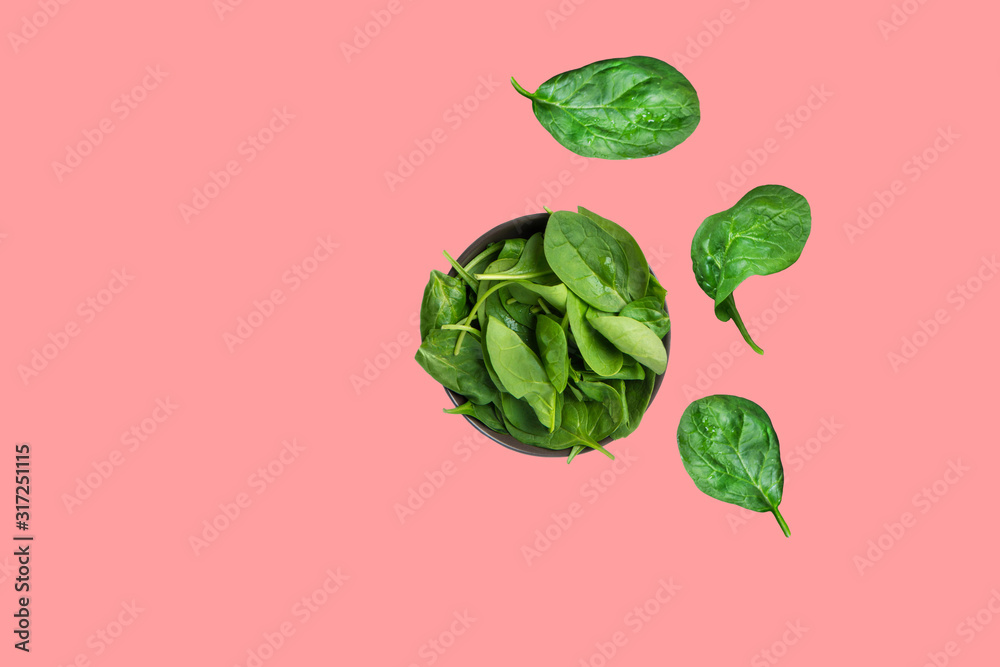 Fresh raw spinach leaves in dark bowl isolated on cherry pink ...