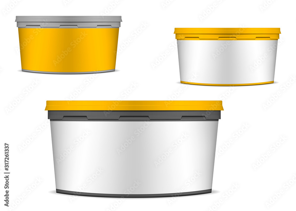 Plastic tub with lid and blank label, vector mock-up. Round packaging ...