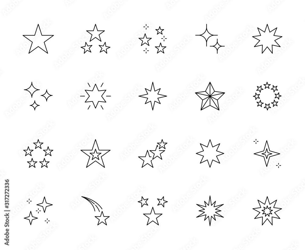 Star burst line icons set. Vector sparkling flash festive outline signs ...