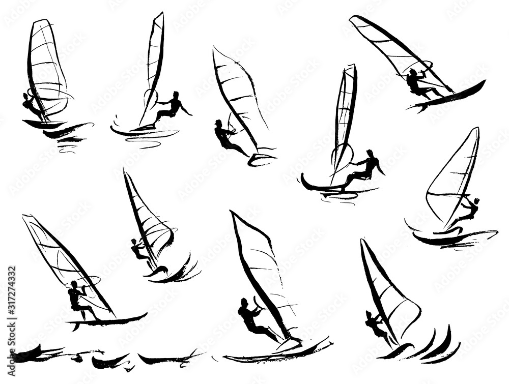 Windsurfing Illustrations Set. Stock Vector | Adobe Stock
