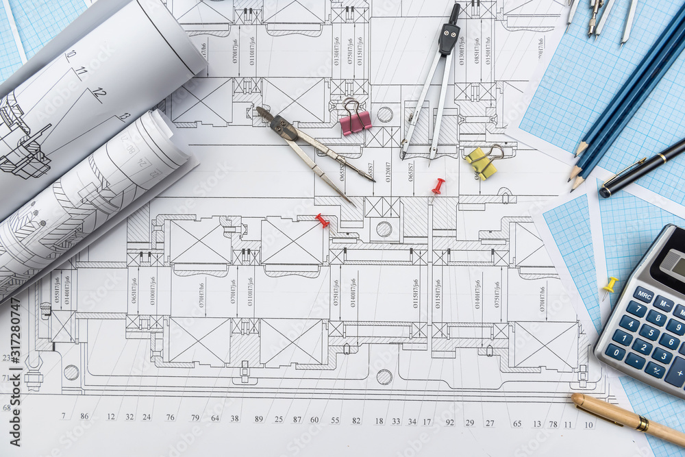 Engineer's drawing with different tools top view. Technical concept ...