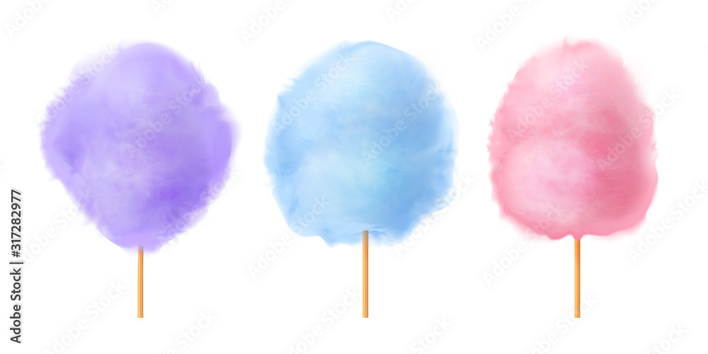 Cotton candy set. Realistic blue purple pink cotton candies on wooden ...