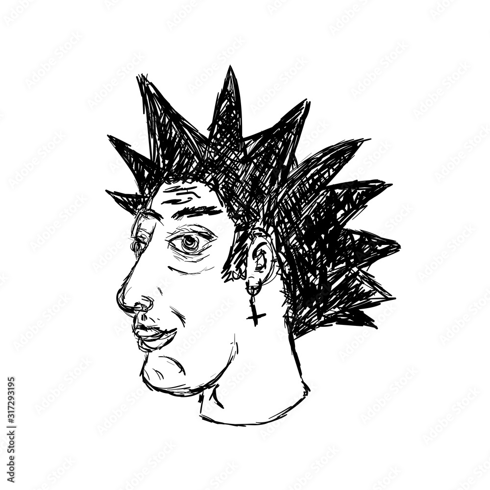 Sketch of portrait of punk with mohawk. Isolated vector illustration ...