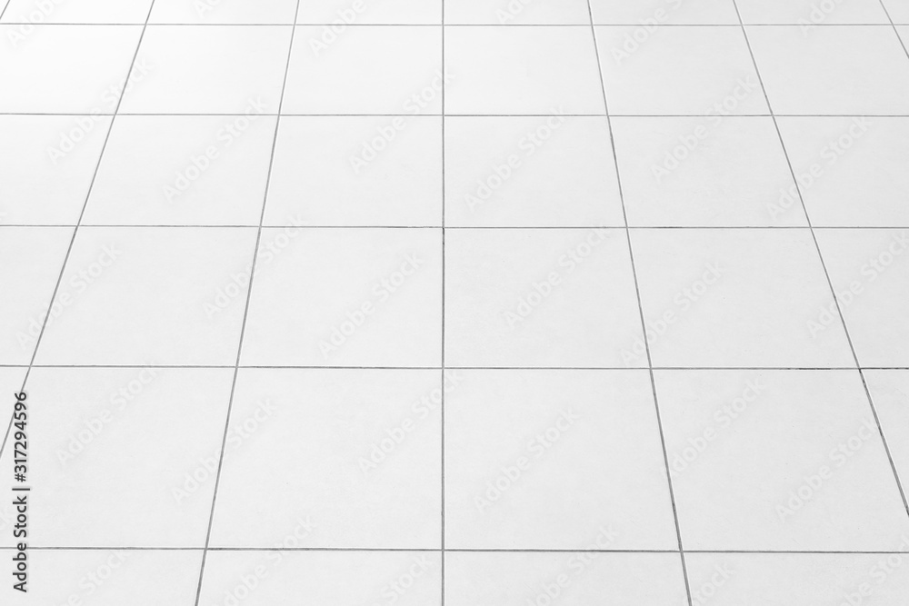 White tile floor background in perspective view. Clean, shiny, symmetry ...