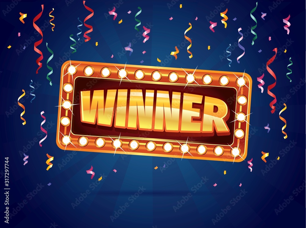 Winner banner with ribbons and confetti on dark background vector ...