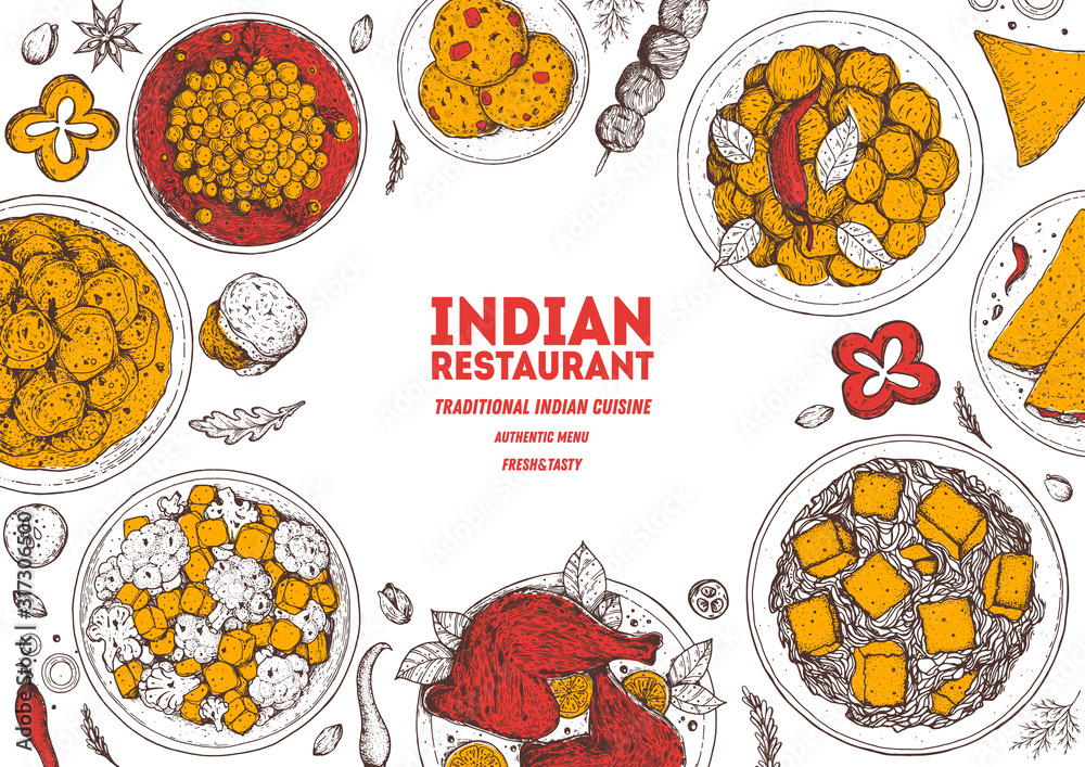 Indian food illustration. Hand drawn sketch. Indian cuisine. Doodle ...