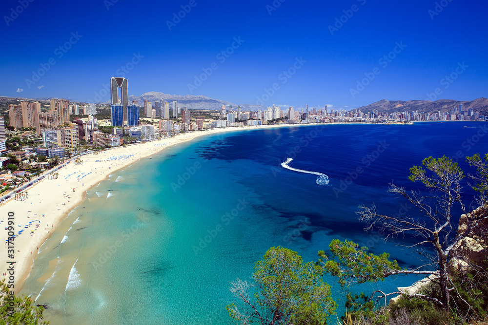 Aerial view of Benidorm, in Spain, with its towering skyscrapers Stock ...