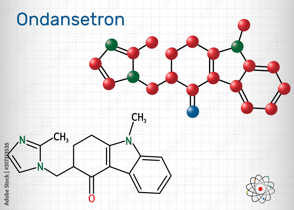 Ondansetron C18H19N3O molecule. It is used to treat nausea and vomiting ...