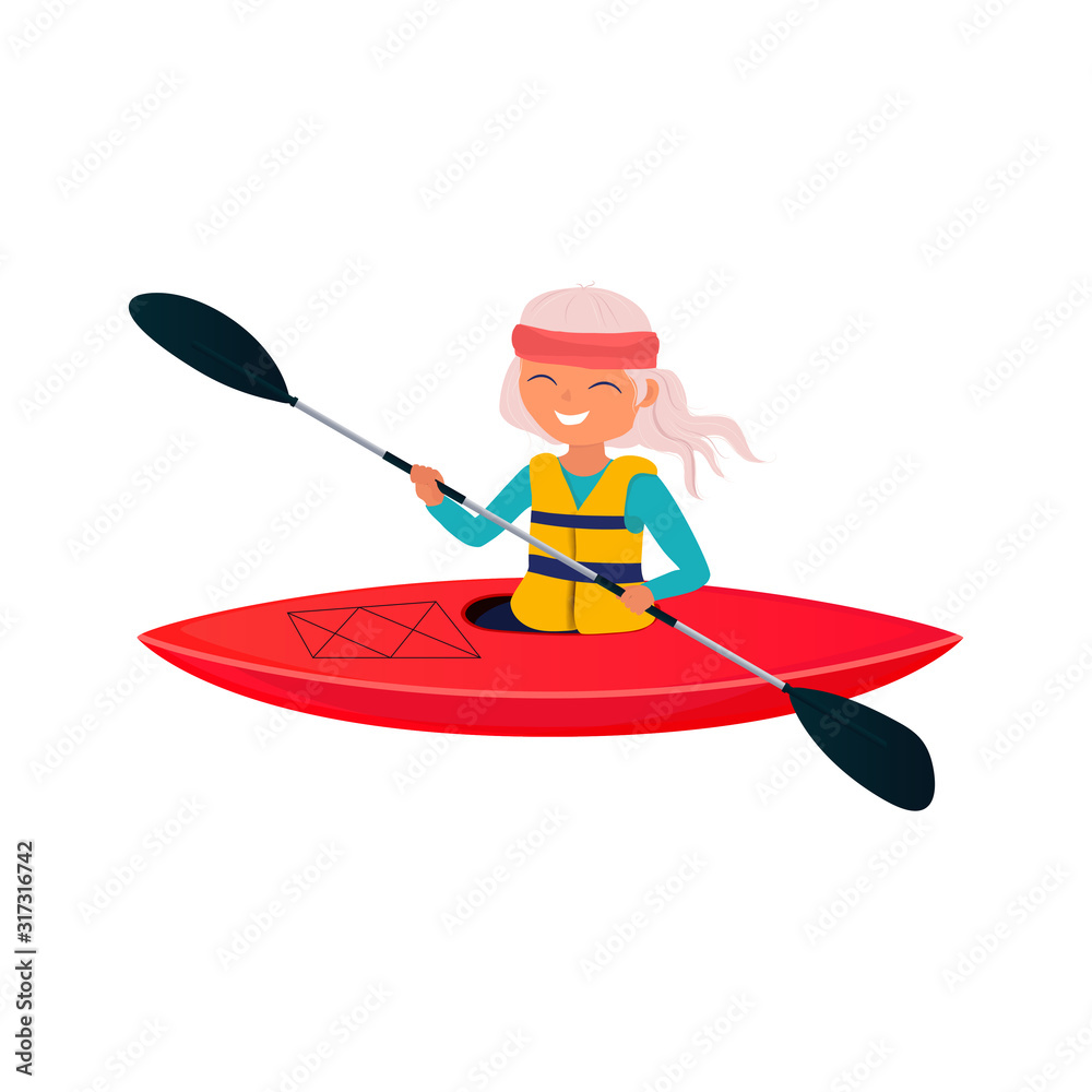 Vector illustration of a woman with gray hair floats on a red kayak in ...