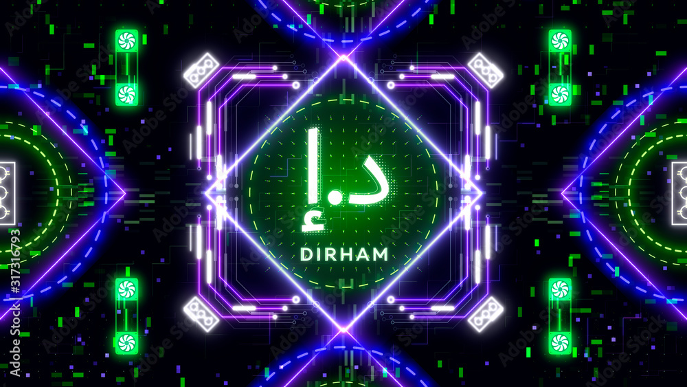 UAE dirham currency symbol on futuristic neon background. Business ...