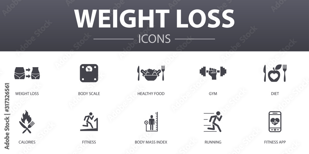 weight loss simple concept icons set. Contains such icons as body scale ...