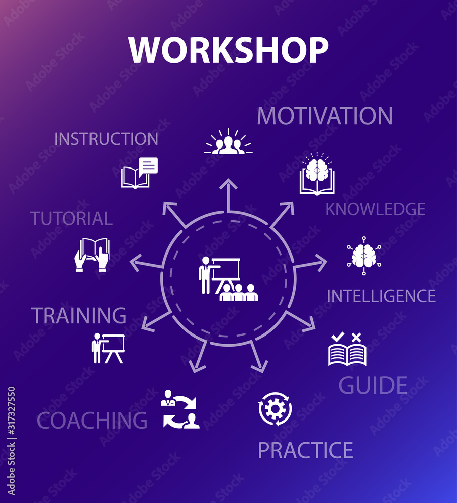 workshop concept template. Modern design style. Contains such icons as ...