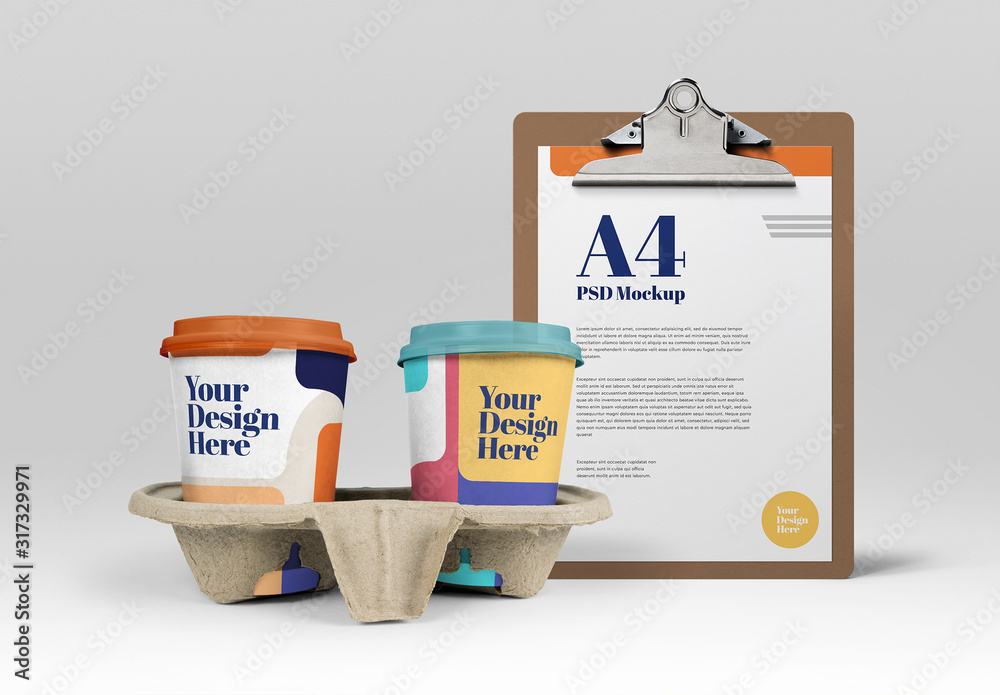 Clipboard and Takeout Cups in Holder Mockup Stock Template | Adobe Stock