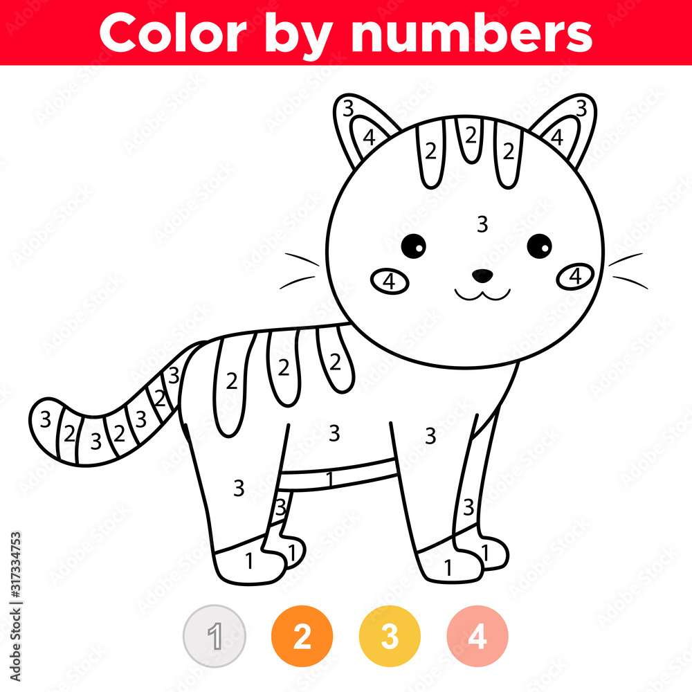 Coloring by numbers. Cute kawaii cartoon cat. Coloring book for ...